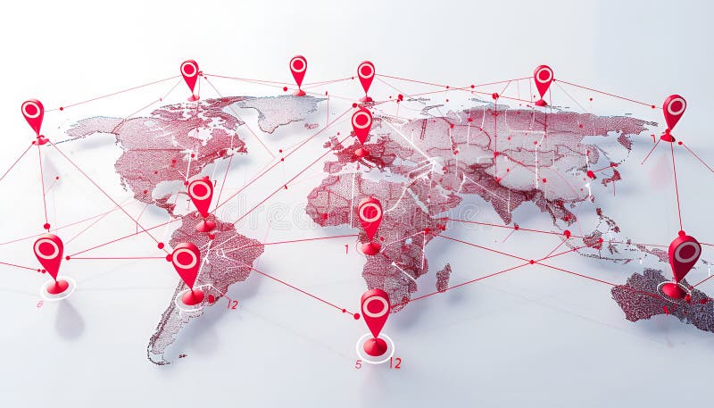 World Map with Red Location Pins Connected by Lines, Representing ...