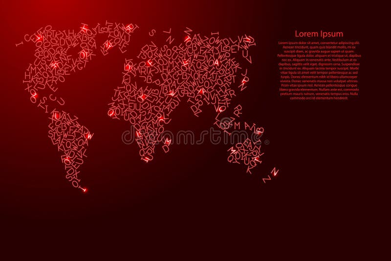 World Map from Red Pattern Latin Alphabet Scattered Letters and Glowing ...