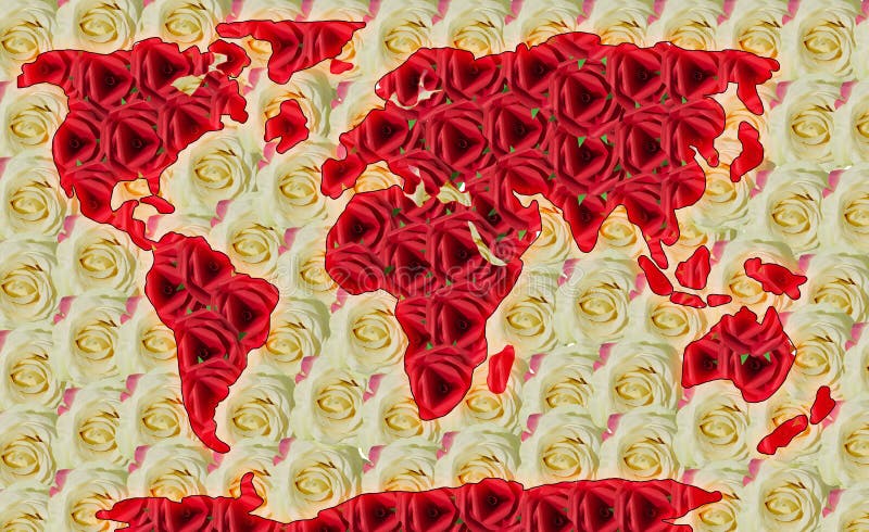 World Map, Red Rose Continents, White Rose Oceans Stock Photo - Image ...