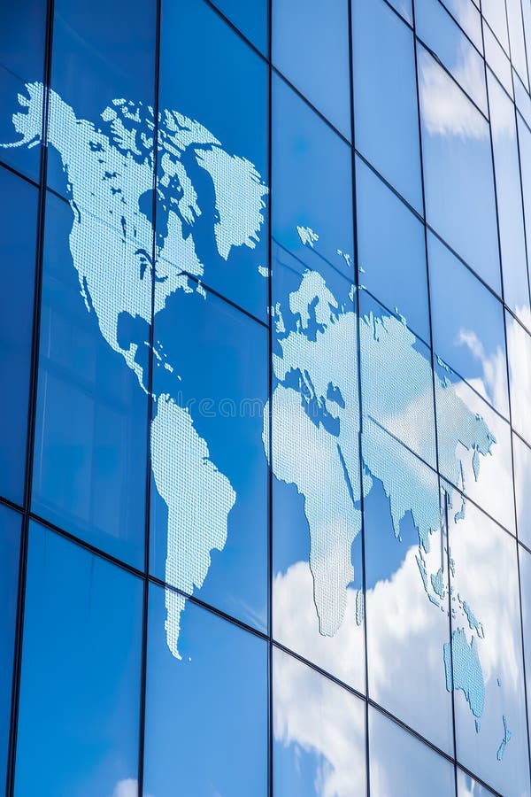 World Map Reflected on Modern Glass Building Exterior Stock Image ...