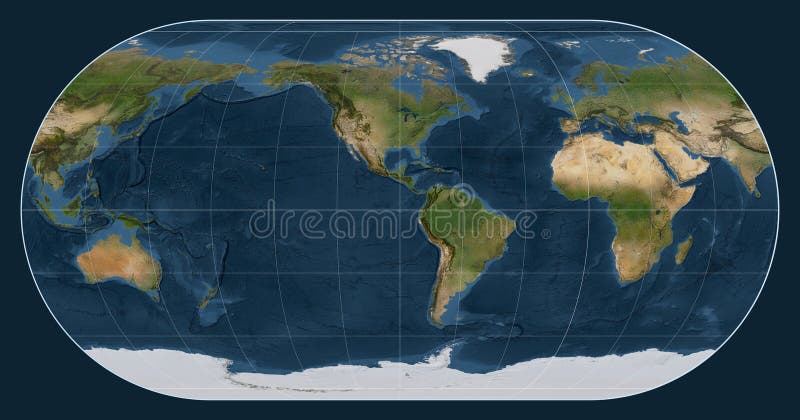 World Map. Satellite. Eckert III Projection. Meridian: -90 West Stock ...