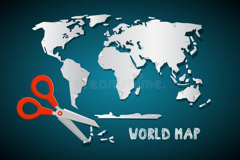 World Map with Scissors Paper Cut Design Stock Vector - Illustration of ...