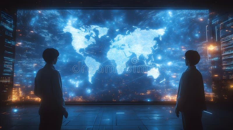 World Map on Screen People Viewing Data Stock Illustration ...