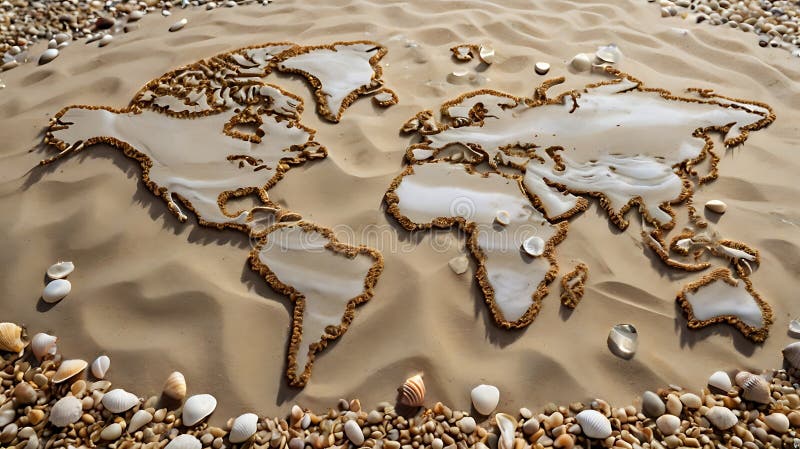 World Map Sculpted in Sand with Seashells on a Pristine Beach Stock ...