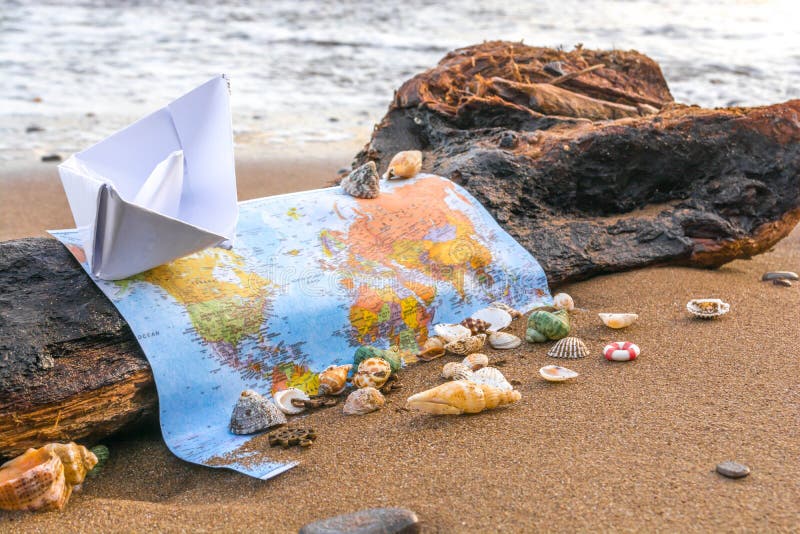 World map and seashells 4 stock image. Image of concept - 119106783