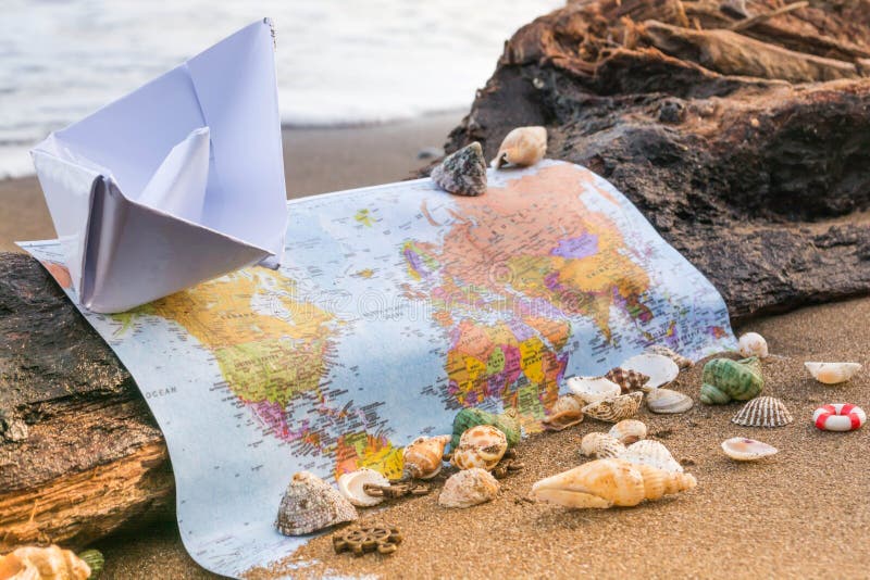 World map and seashells 3 stock image. Image of vacation - 119106787