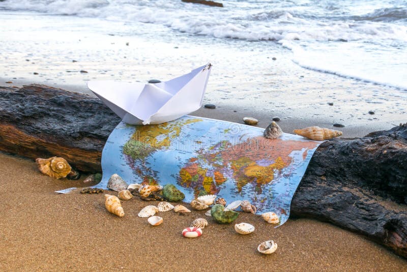 World map and seashells 2 stock photo. Image of starfish - 119106794