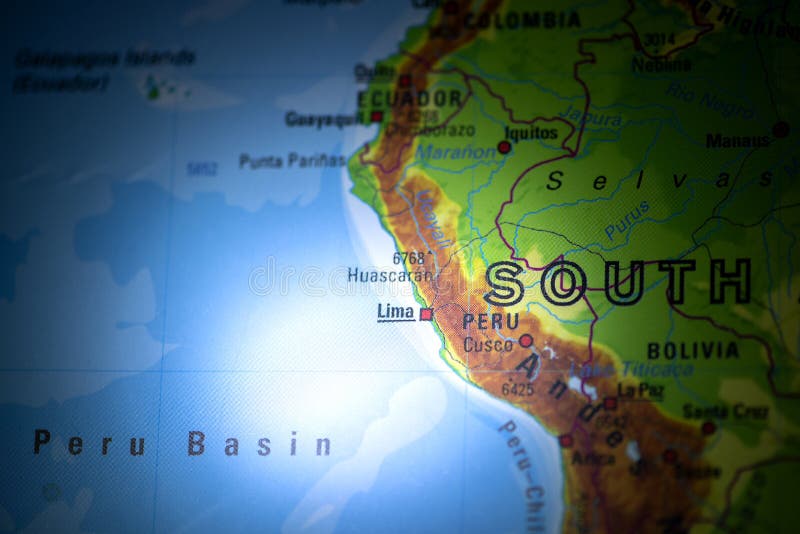 World Map with Selective Focus on Lima,Peru,Peru Basin,Huascaran,Cusco ...