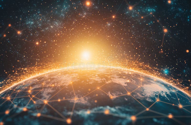 A World Map Set Against a High-tech Backdrop, Featuring Glowing Lines ...