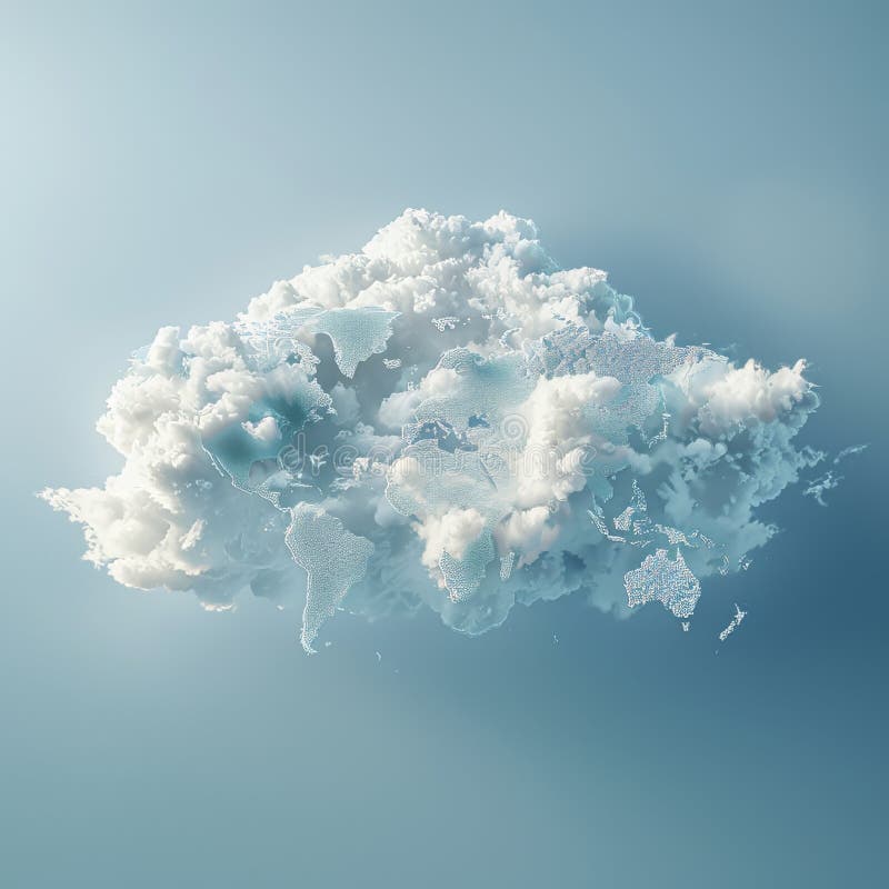 World Map Shaped Cloud Formation, Climate Change Concept, White Cloudscape on Light Blue ...