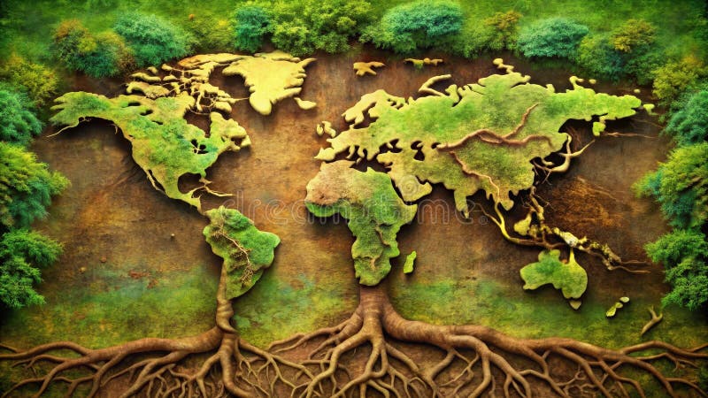 A World Map Shaped Tree of Life with Lush Foliage and Deep Roots ...
