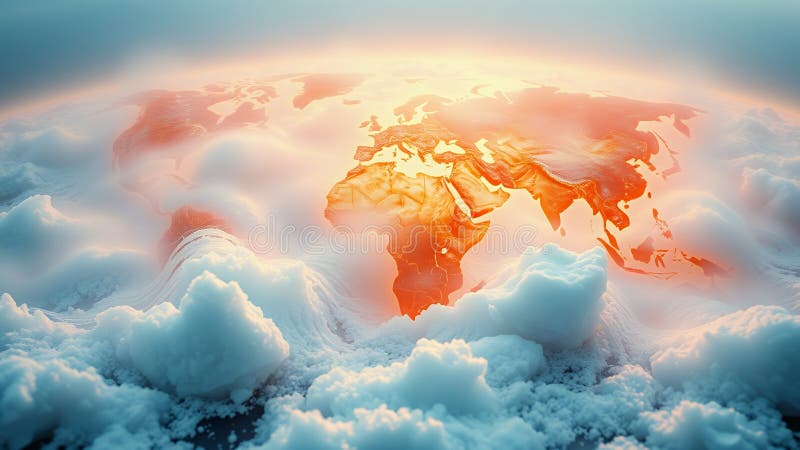 A World Map Shines through a Bed of Clouds Glowing Orange Stock ...