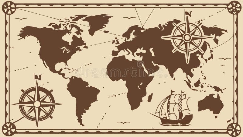 World Map Ship Compass, Travel Exploration and Global Navigation Vector ...