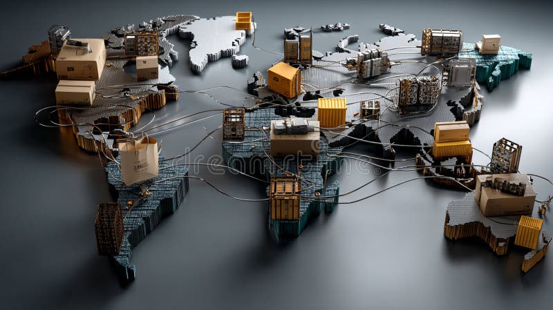 World Map with Shipping Containers and Cargo, Representing Global Trade ...