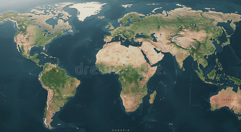 World Map Showing Continents, Oceans and Land Elevation Stock ...