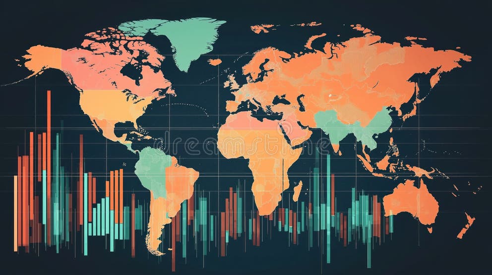 World Map Shows Economic Indicators with Colorful Regions. Vertical ...