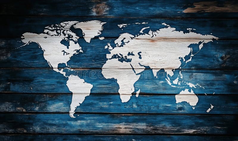 World Map Silhouette on Rustic Blue Wooden Background, Artistic ...