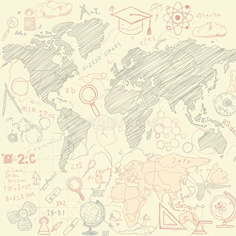 A World Map is Sketched with Various Educational and Scientific Doodles ...
