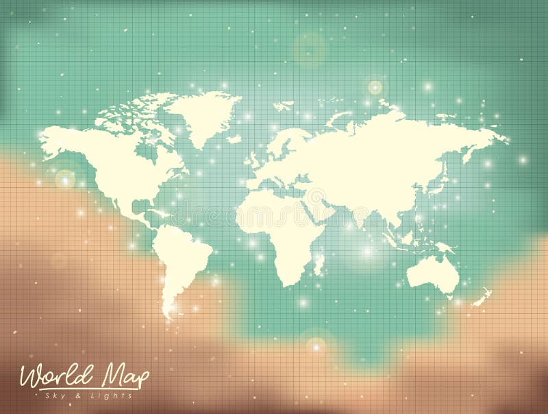 World Map Sky and Lights in Sand Color To Green Color Background Stock ...
