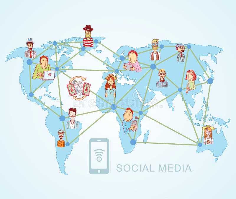 World Map,Social Media Communication Internet Network Doodle, Vector ...