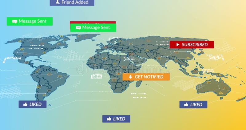 World Map with Social Media Notifications and Interactions Overlay ...
