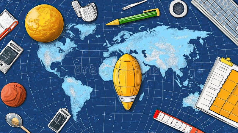World Map with Spaceship and Stationery. Space Exploration Concept ...