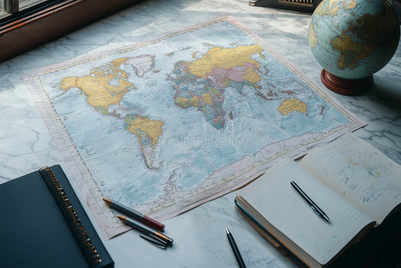 World Map Spread on a White Marble Surface with Notebook and Globe ...