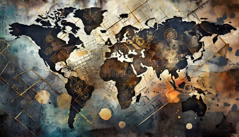 World Map in Steampunk Style Stock Illustration - Illustration of tree ...