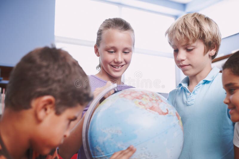 World Map, Students and Group in School, Globe and Conversation with ...