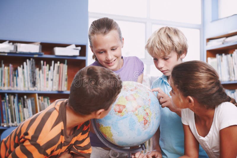 World Map, Students and Kids in Classroom, Globe and Conversation with ...