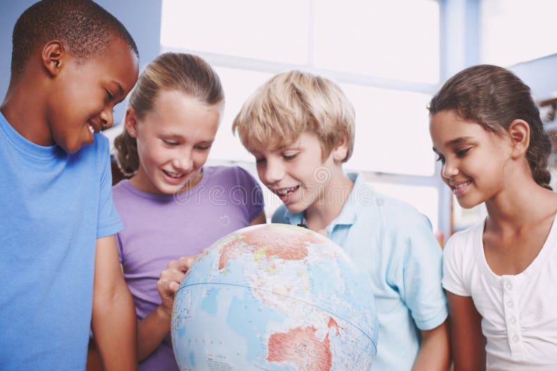 World Map, Students and Group in Classroom, Globe and Conversation with Knowledge, Learning and ...