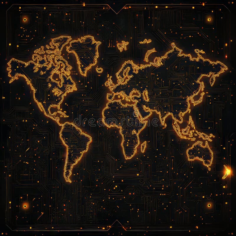The World Map is Stylized with Circuit Patterns, Representing ...
