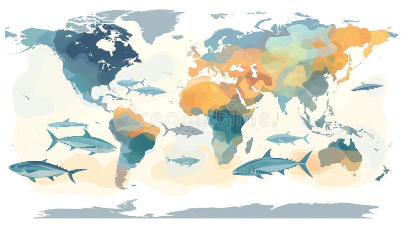 World Map with Stylized Fish Swimming Across, Representing Ocean ...