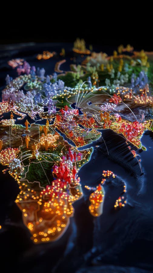 World Map with Stylized People and Light Orbs Illustrating Connection ...