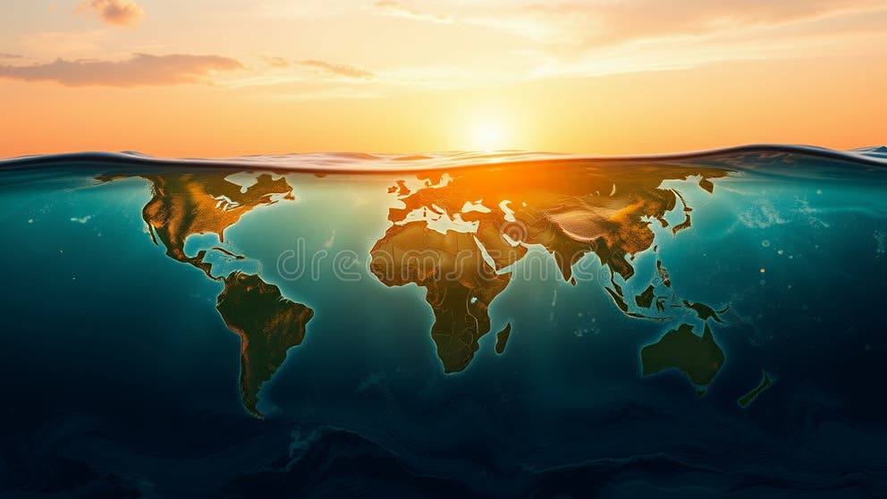 World Map Submerged in Water at Sunset Stock Illustration ...