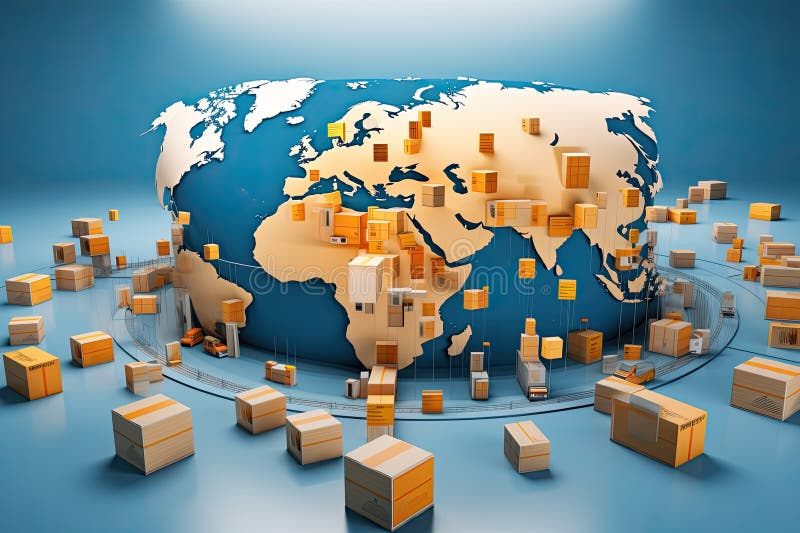 The World Map Surrounded by Boxes, Representing Globalization and ...