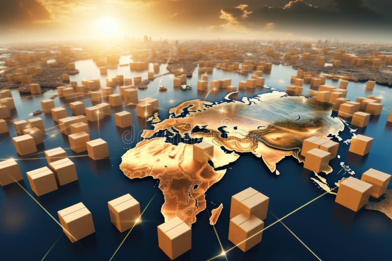The World Map Surrounded by Boxes, Representing Globalization and ...