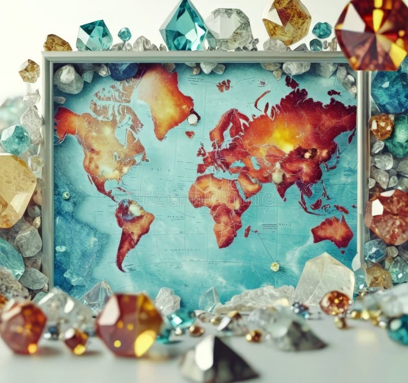 World Map Surrounded by Crystals and Gems Stock Illustration ...