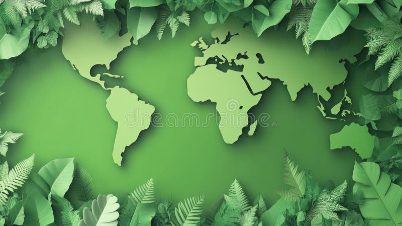 World Map Surrounded by Lush Green Leaves Stock Illustration ...