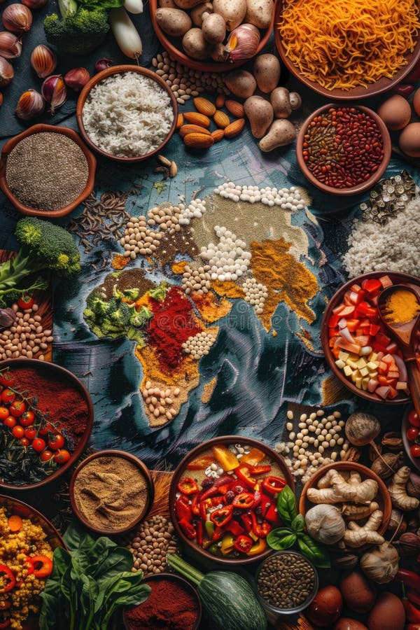 World Map Surrounded by Various Bowls of Food, Ideal for Culinary ...
