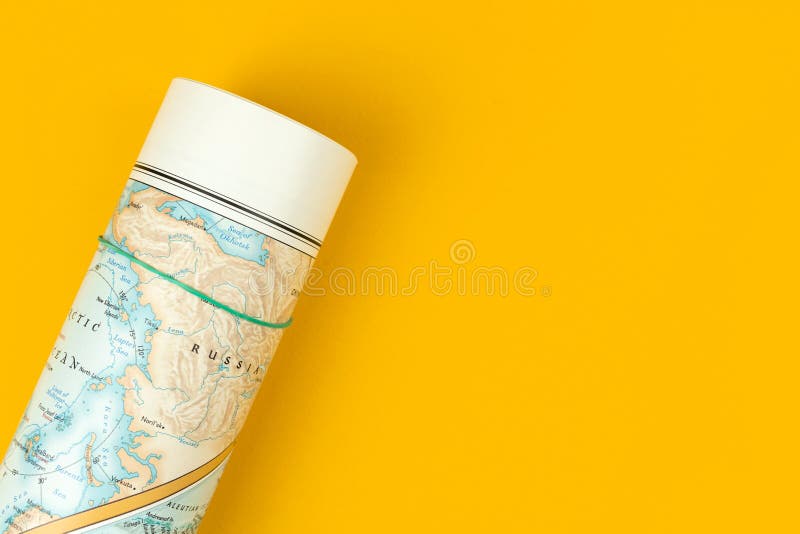 World Map on the Table, Flat Lay Composition and Yellow Desktop ...