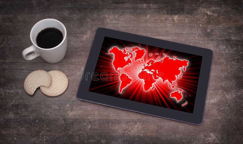 World map on a tablet stock image. Image of flat, coffee - 48899585