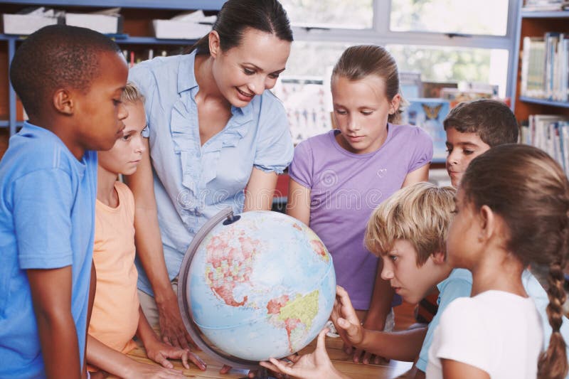 World Map, Teacher and Kids with Globe, Diversity and Conversation with Knowledge, Learning and ...