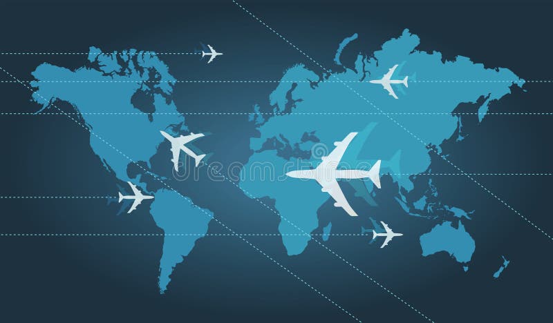 Vector Illustration of Plane Flying Over World Map. Travel the World ...