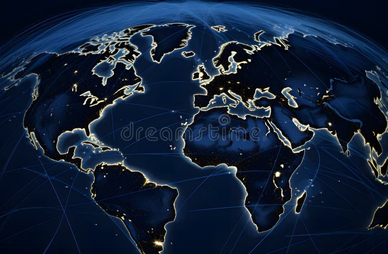 World Map on a Technological Background, Glowing Lines Symbols of the ...
