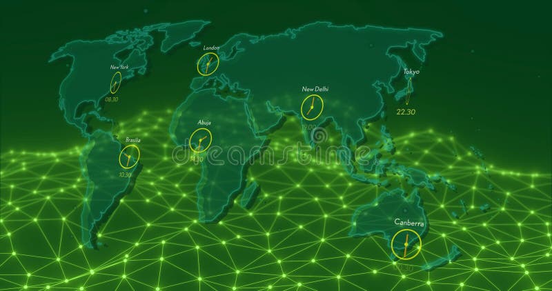 World Map with Time Zones and Network Connections Over Green Grid Stock ...