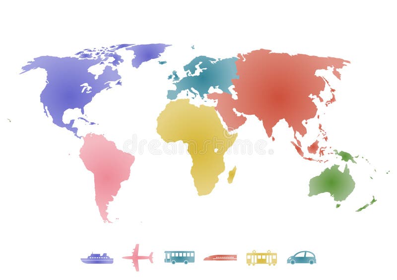 World Map and Transportation Icon. the Six Continents of the Earth ...