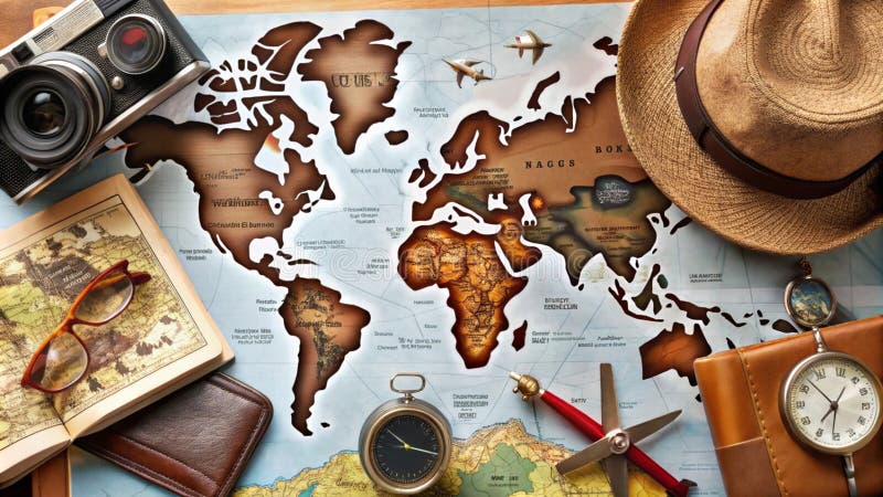 A World Map with Travel Essentials, Including a Vintage Camera, a ...