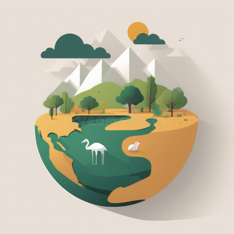 World Map with a Tree, a Deer, a Globe, a Mountain in a Circle, a Green ...
