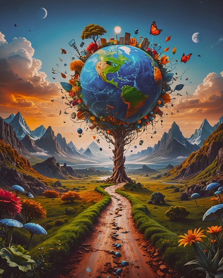 A World Map with a Tree on it Stock Illustration - Illustration of ...